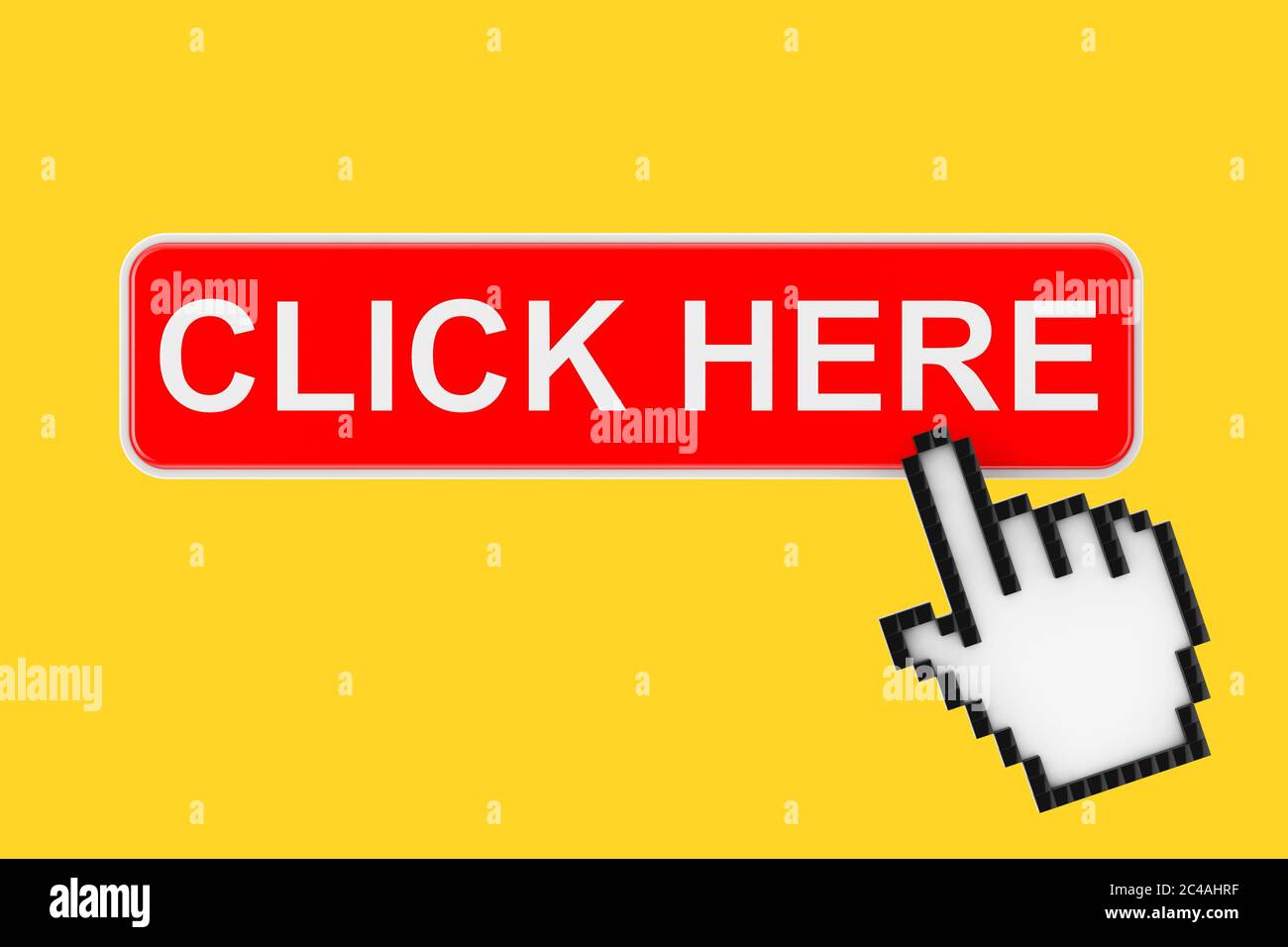Click Here Button with Pixel Icon Hand on a yellow background. 3d ...