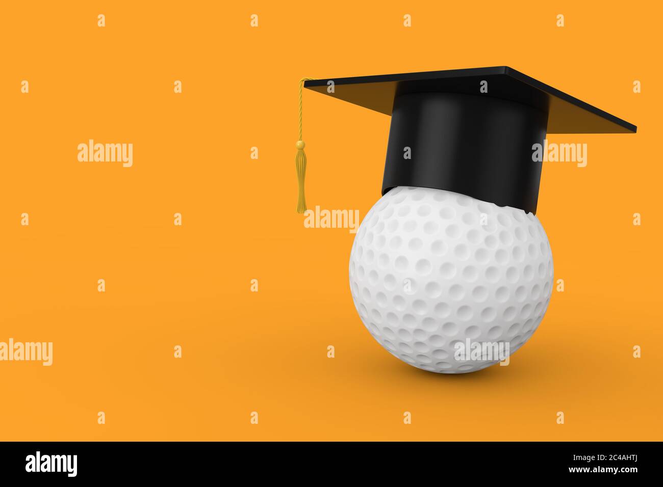 Graduation Academic Cap over White Golf Ball on a yellow background. 3d ...