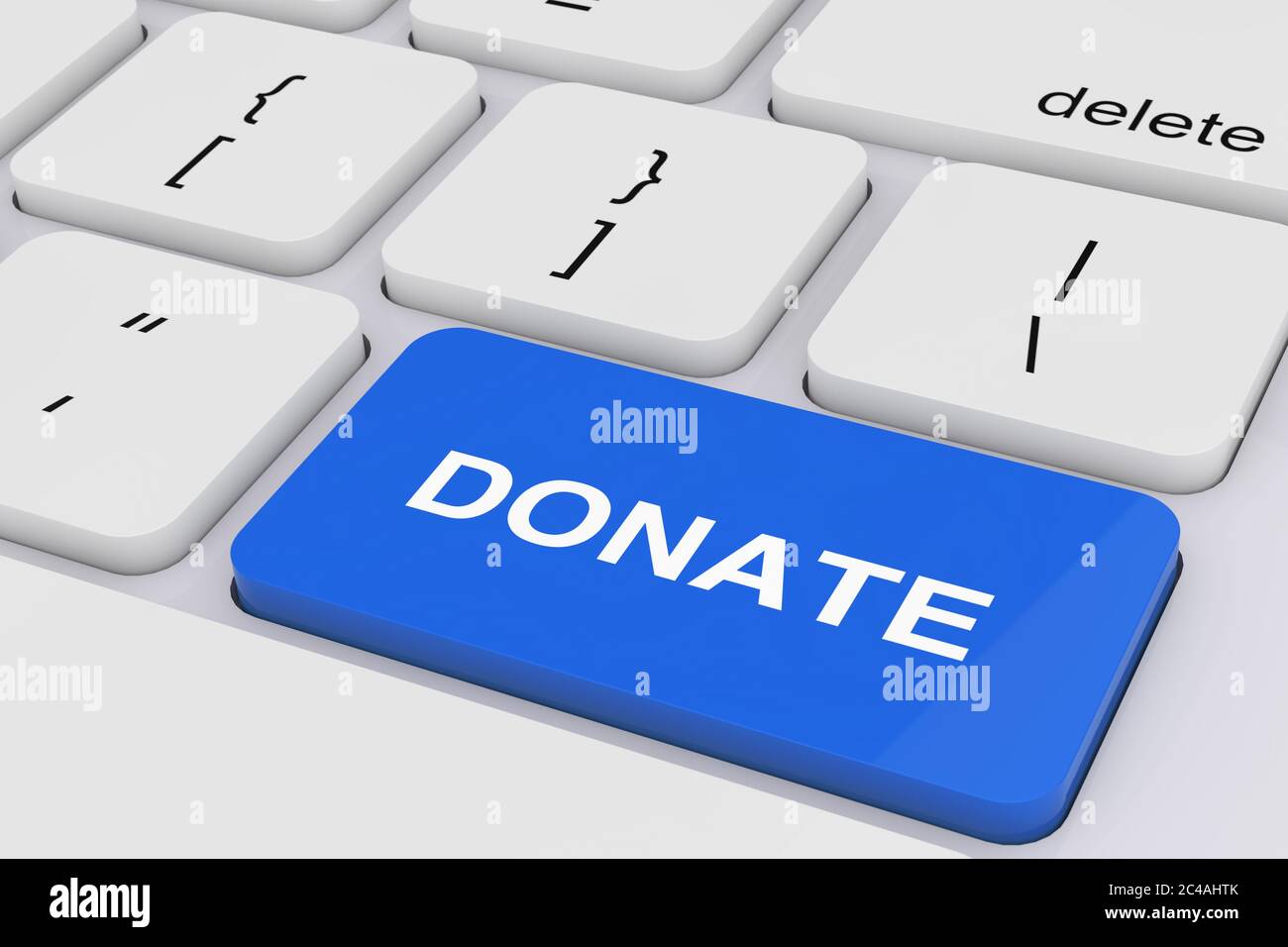 Blue Donate Key on White PC Keyboard extreme closeup. 3d Rendering ...