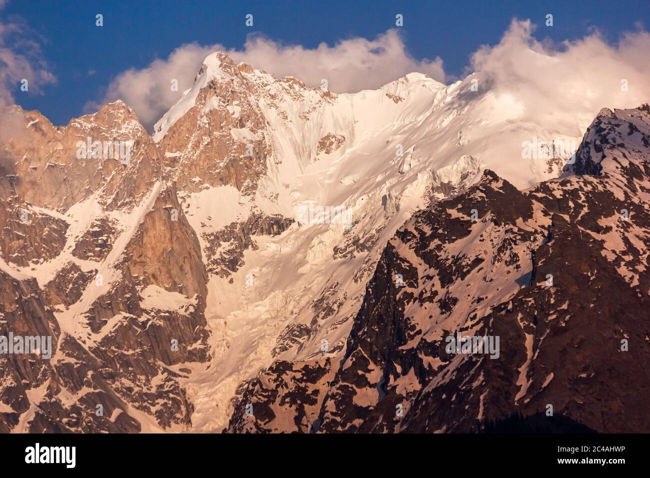 The snow covered slopes of a HImalayan mountain in the village of Kalpa ...
