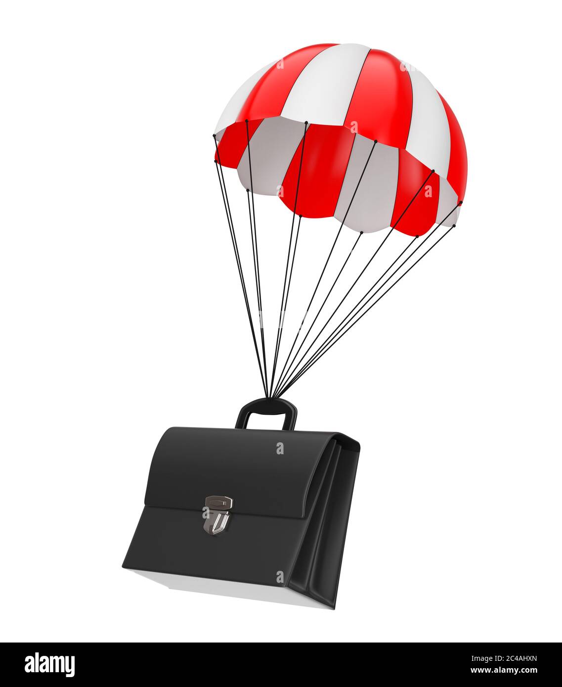 Black Leather Briefcase Flying with Red Parachute on a white background ...