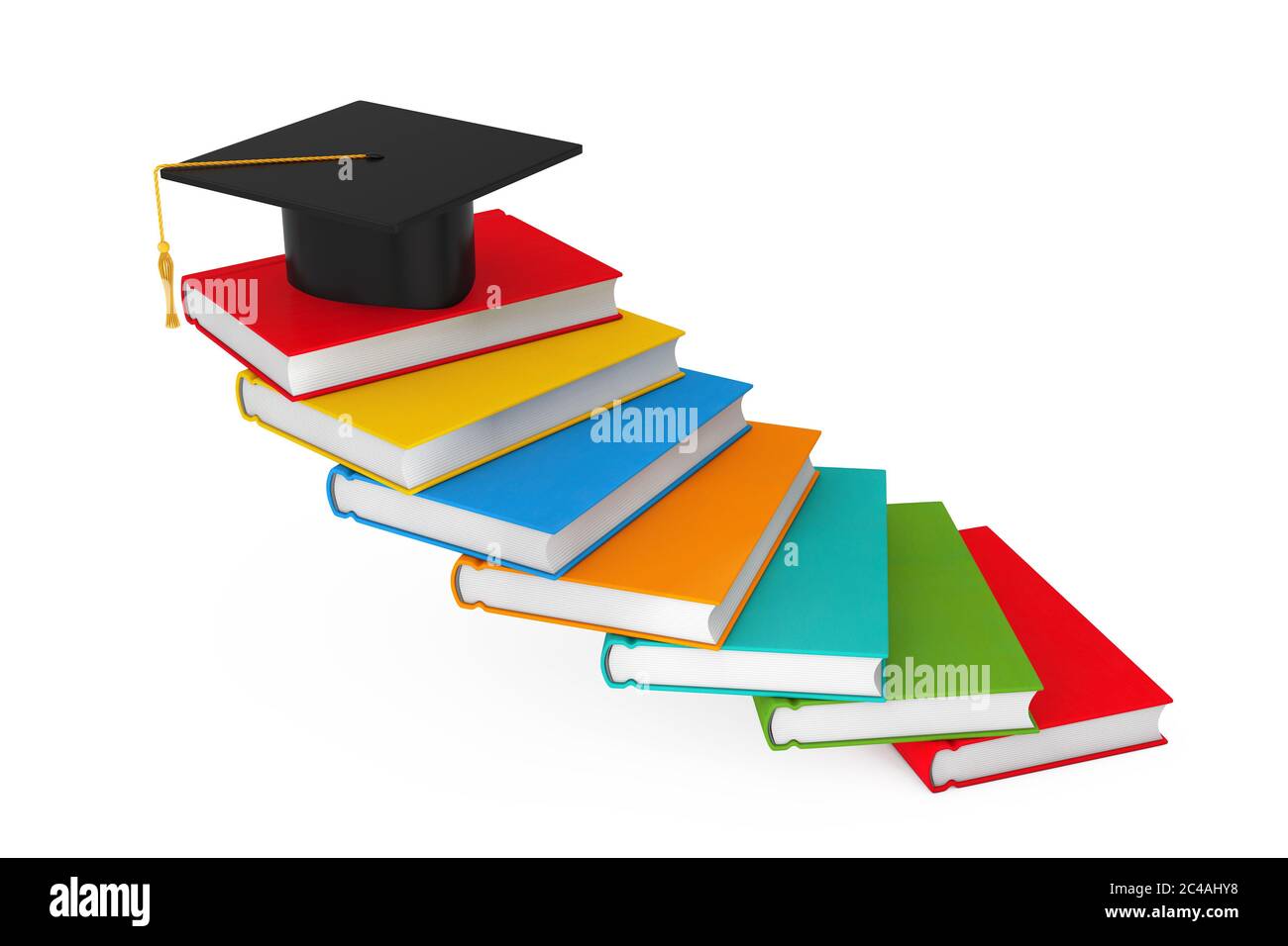 Graduation Academic Cap over Books as Steps Ladder on a white ...