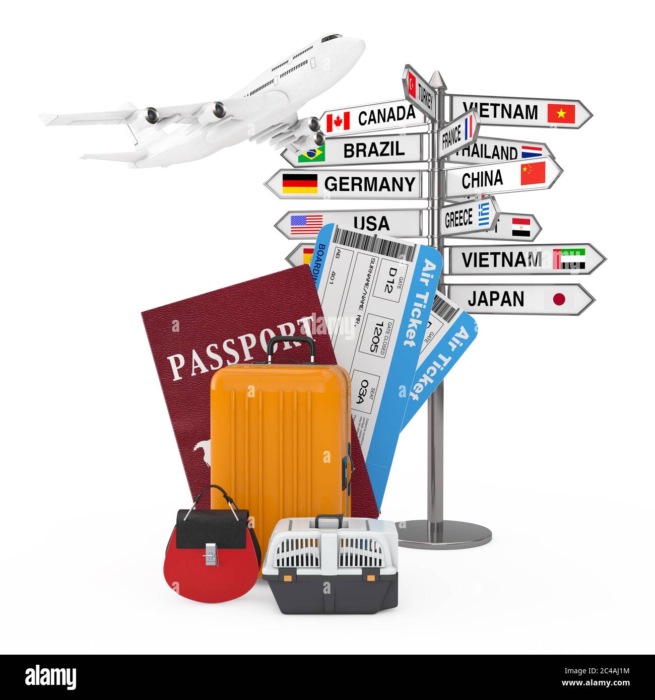 Travel Concept. Airplane over Signpost with Various Countries Names and ...