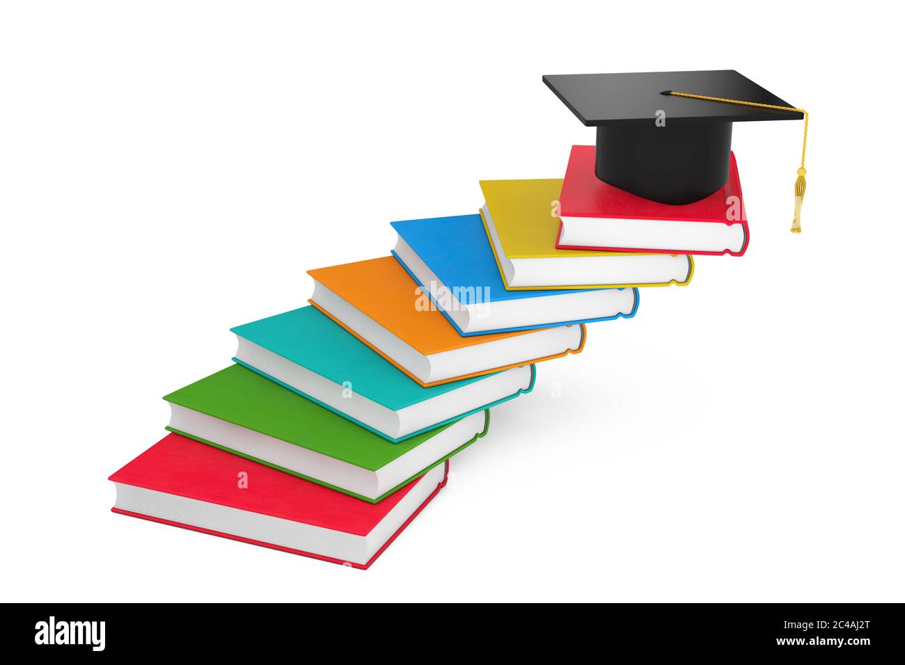 Graduation Academic Cap over Books as Steps Ladder on a white ...