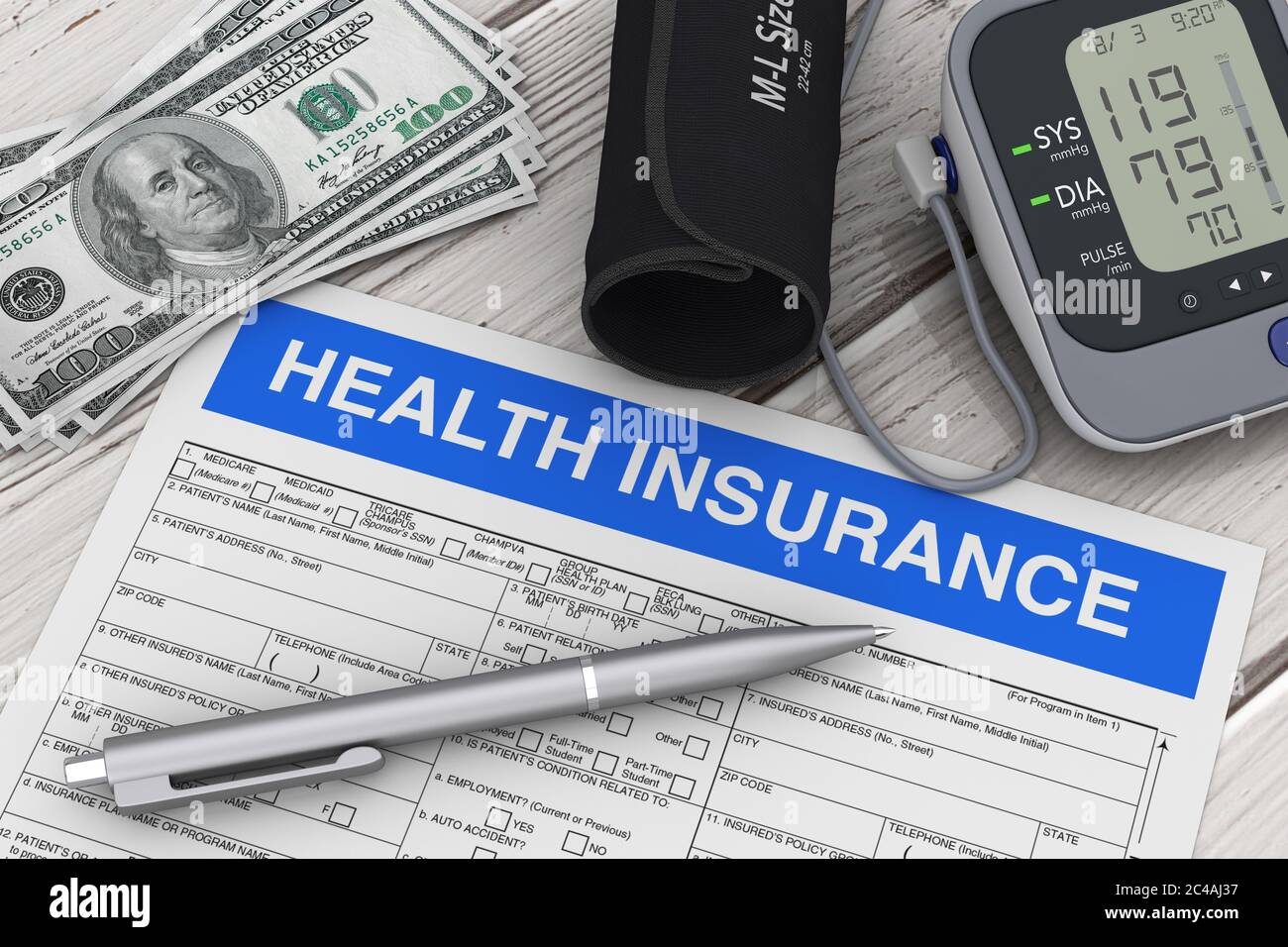 Writing Pen with Health Insurance Form near Digital Blood Pressure ...