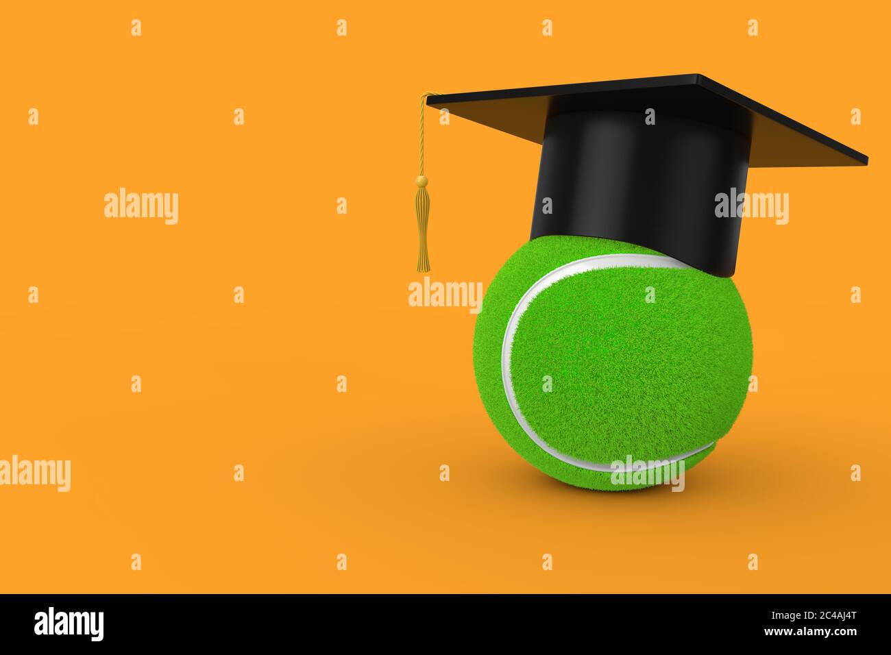 Tennis Ball with Graduation Academic Cap on a yellow background 3d ...