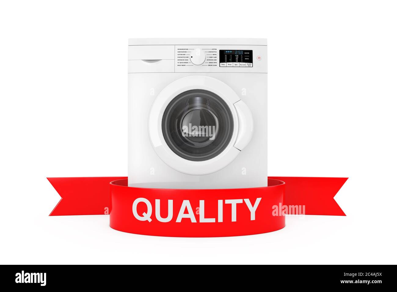 Modern Washing Machine with Red Ribbon Quality Sign on a white ...