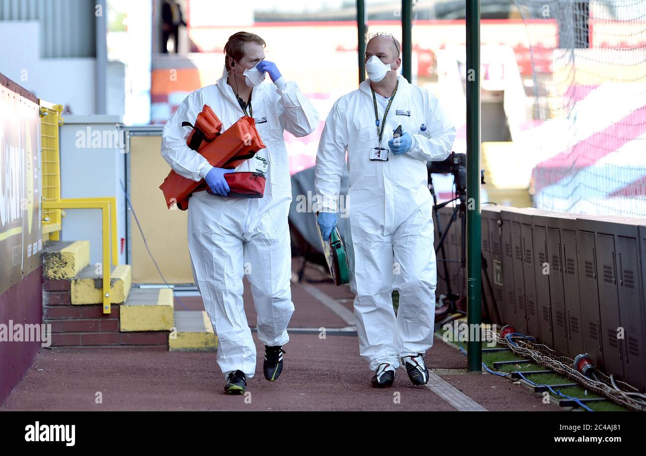 Medical staff wearing PPE before the Premier League match at Turf Moor ...