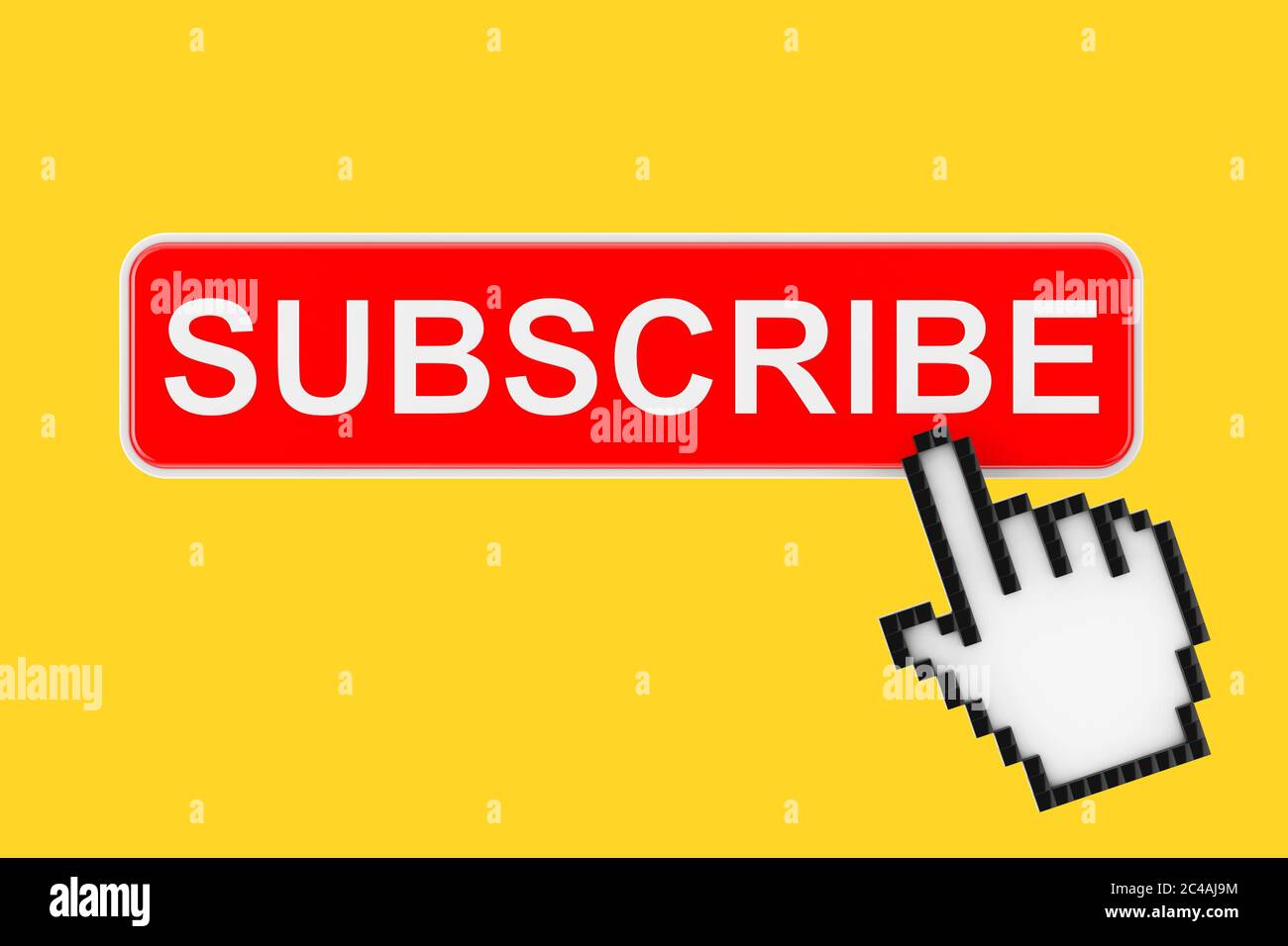 Subscribe Button with Pixel Icon Hand on a yellow background. 3d ...