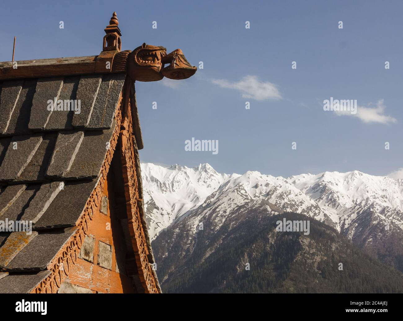 The slanting, slate roofed gable of an ancient Hindu temple built in ...