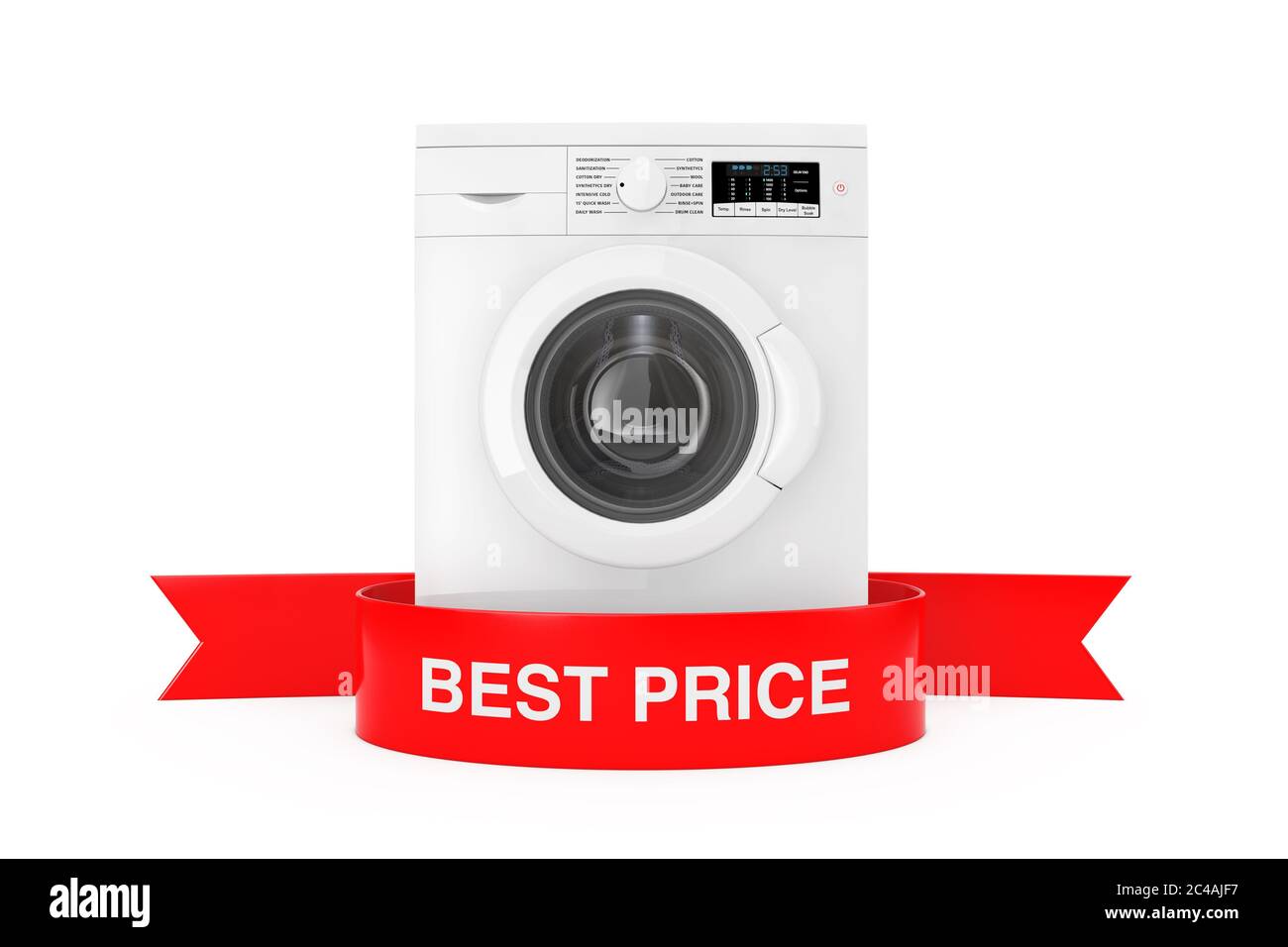 Modern Washing Machine with Red Ribbon Best Price Sign on a white ...