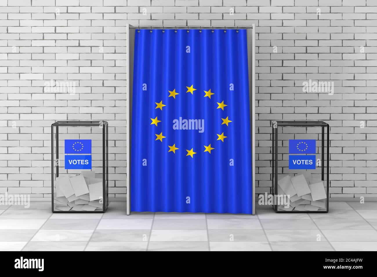 Ballot Boxes near White Voting Booth with Curtain and European Union ...
