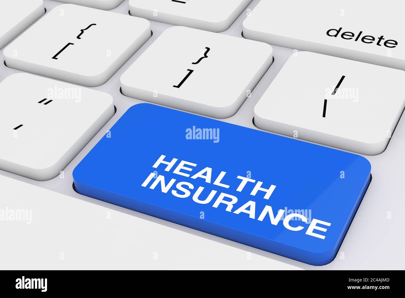 Blue Health Insurance Key on White PC Keyboard extreme closeup. 3d ...