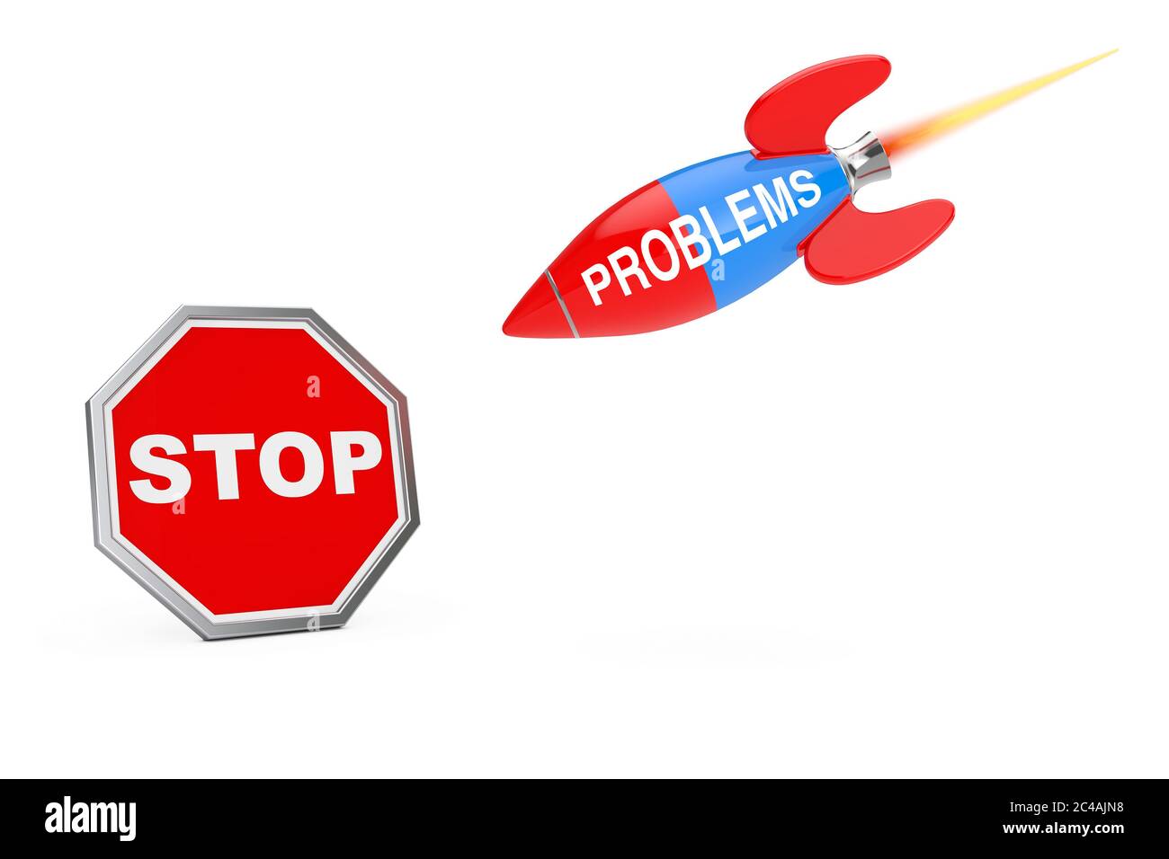 Stop Problems Concept. Stop Sign Shield with Problems Sign Rocket on a ...