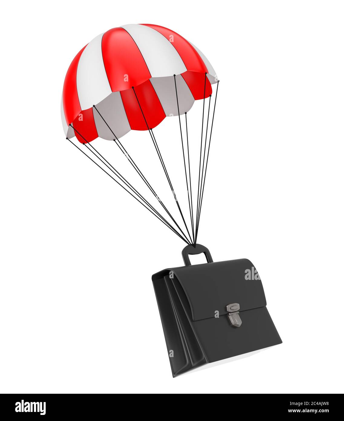 Black Leather Briefcase Flying with Red Parachute on a white background ...