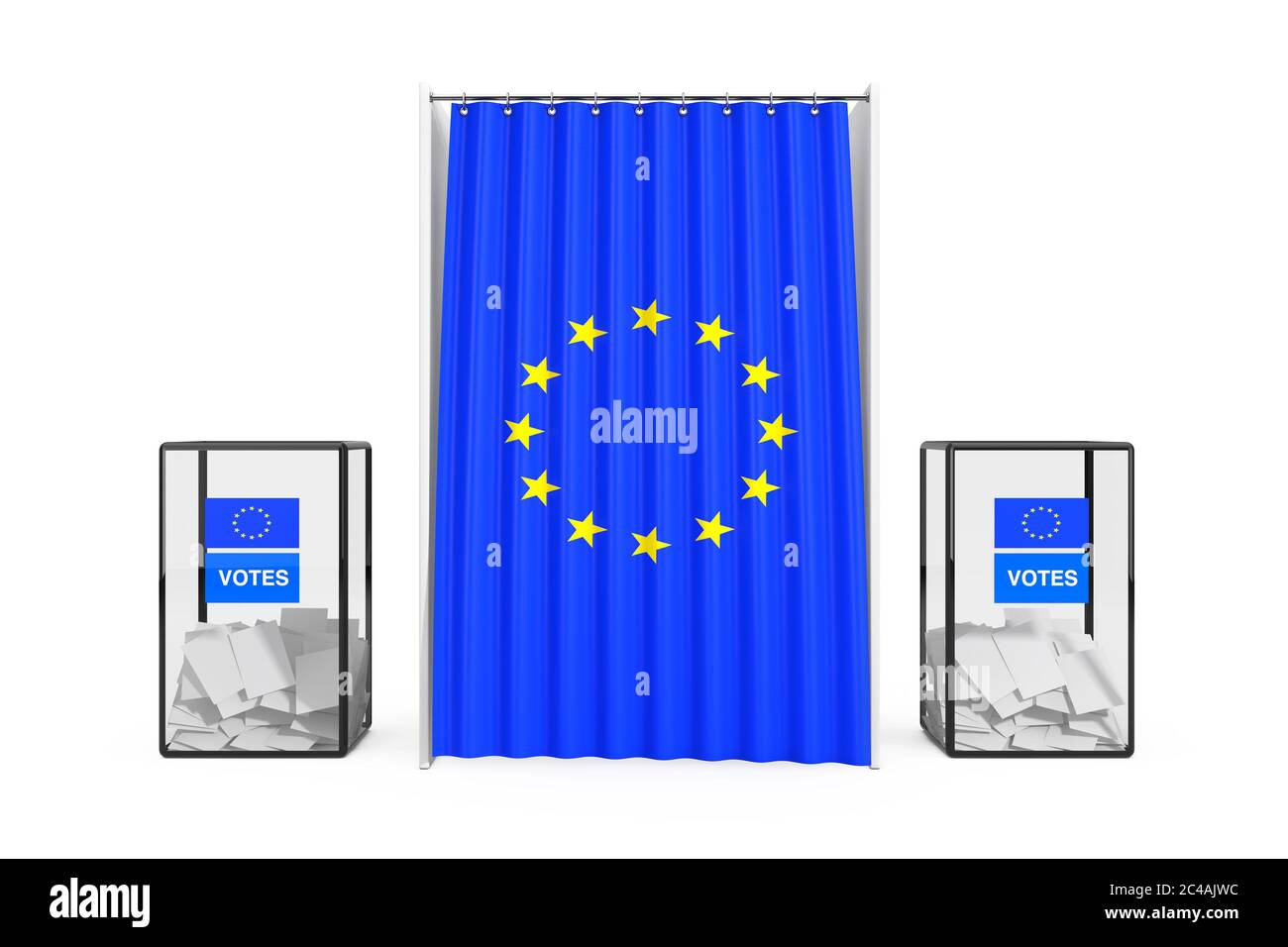 Ballot Boxes near White Voting Booth with Curtain and European Union ...
