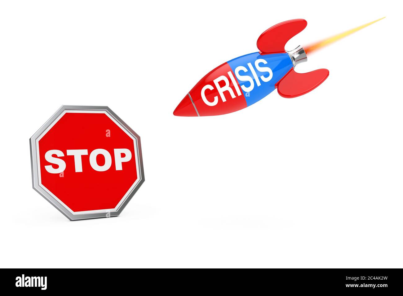 Stop Crisis Concept. Stop Sign Shield with Crisis Sign Rocket on a ...