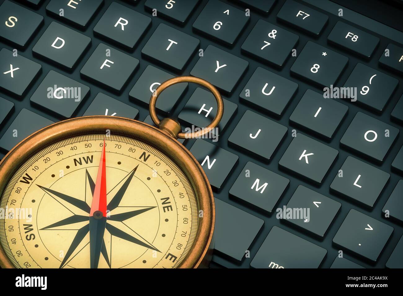 Antique Vintage Brass Compass over Laptop Keyboard extreme closeup. 3d ...