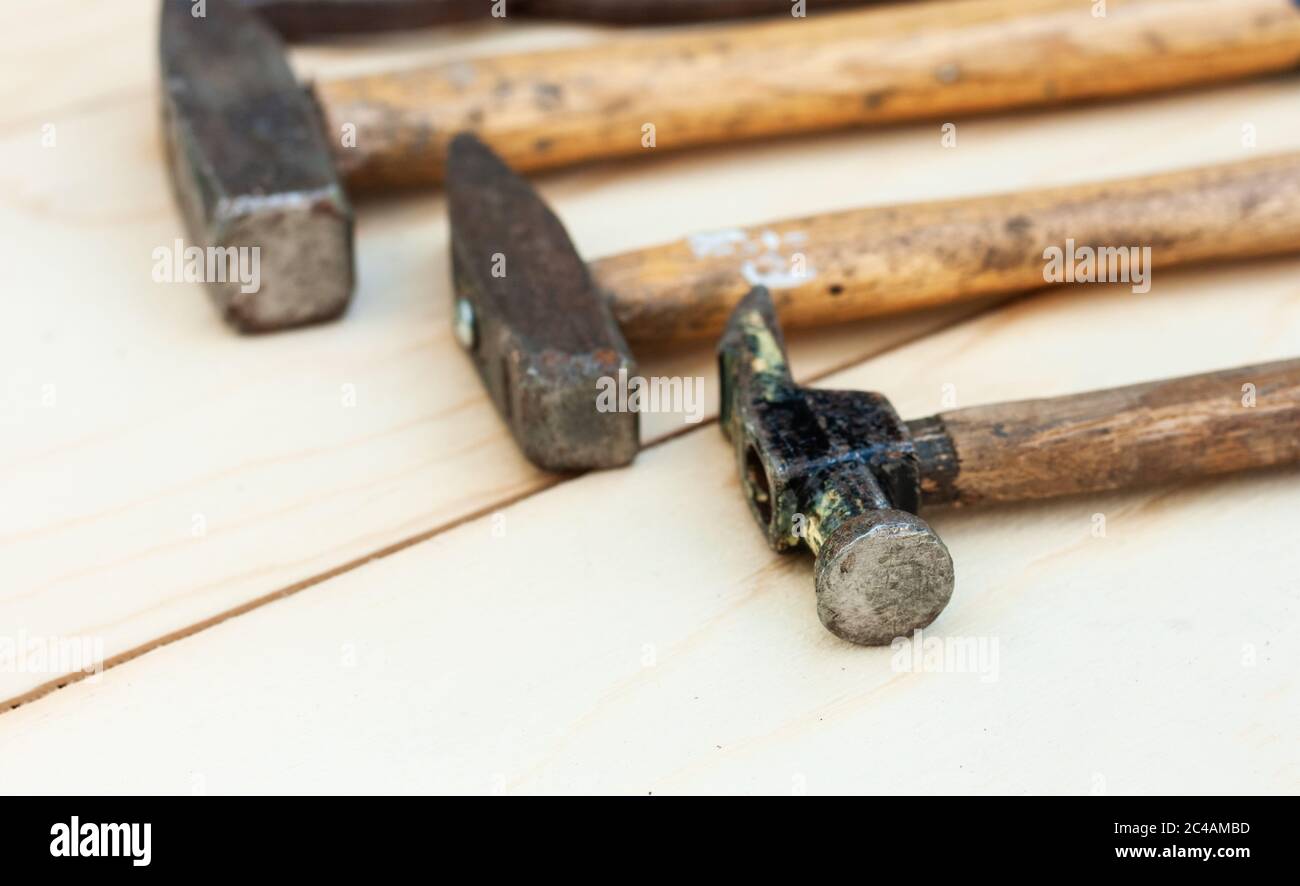 Set of vintage well used hand construction tools for handyman, hammers ...