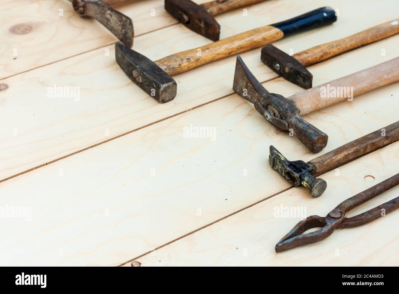 Set of vintage well used hand construction tools for handyman, hammers ...
