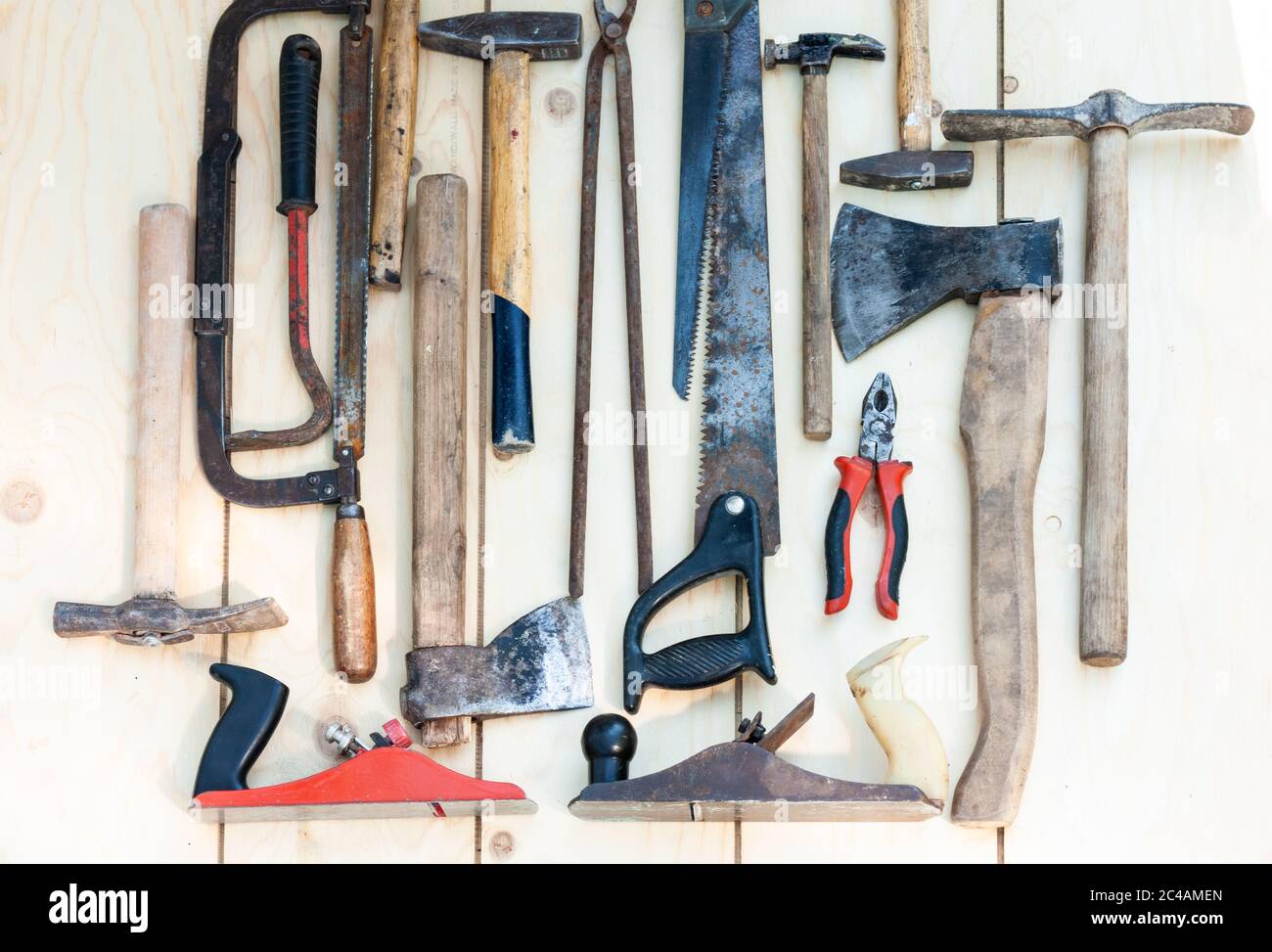 Set of vintage well used hand construction tools for handyman, hammers ...