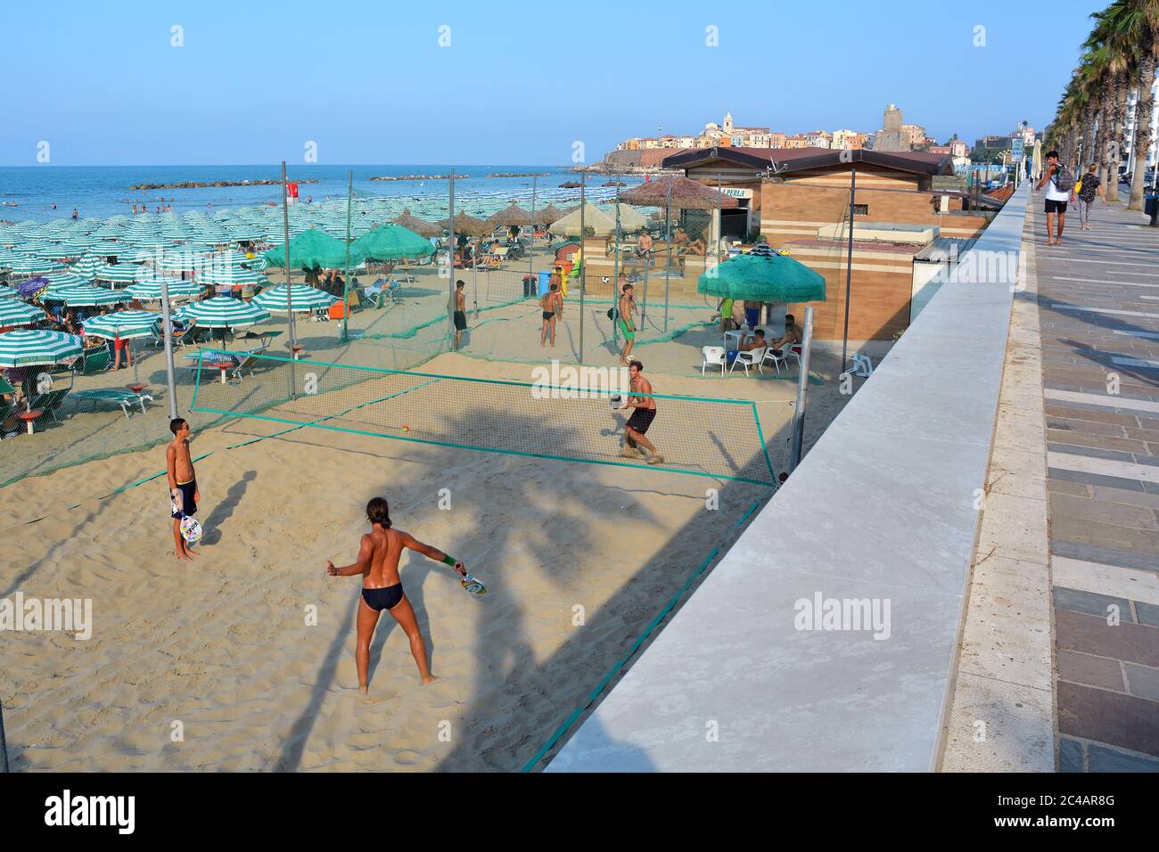 Termoli, Molise, Italy - 08/26/2019- The sand beach with the old ...