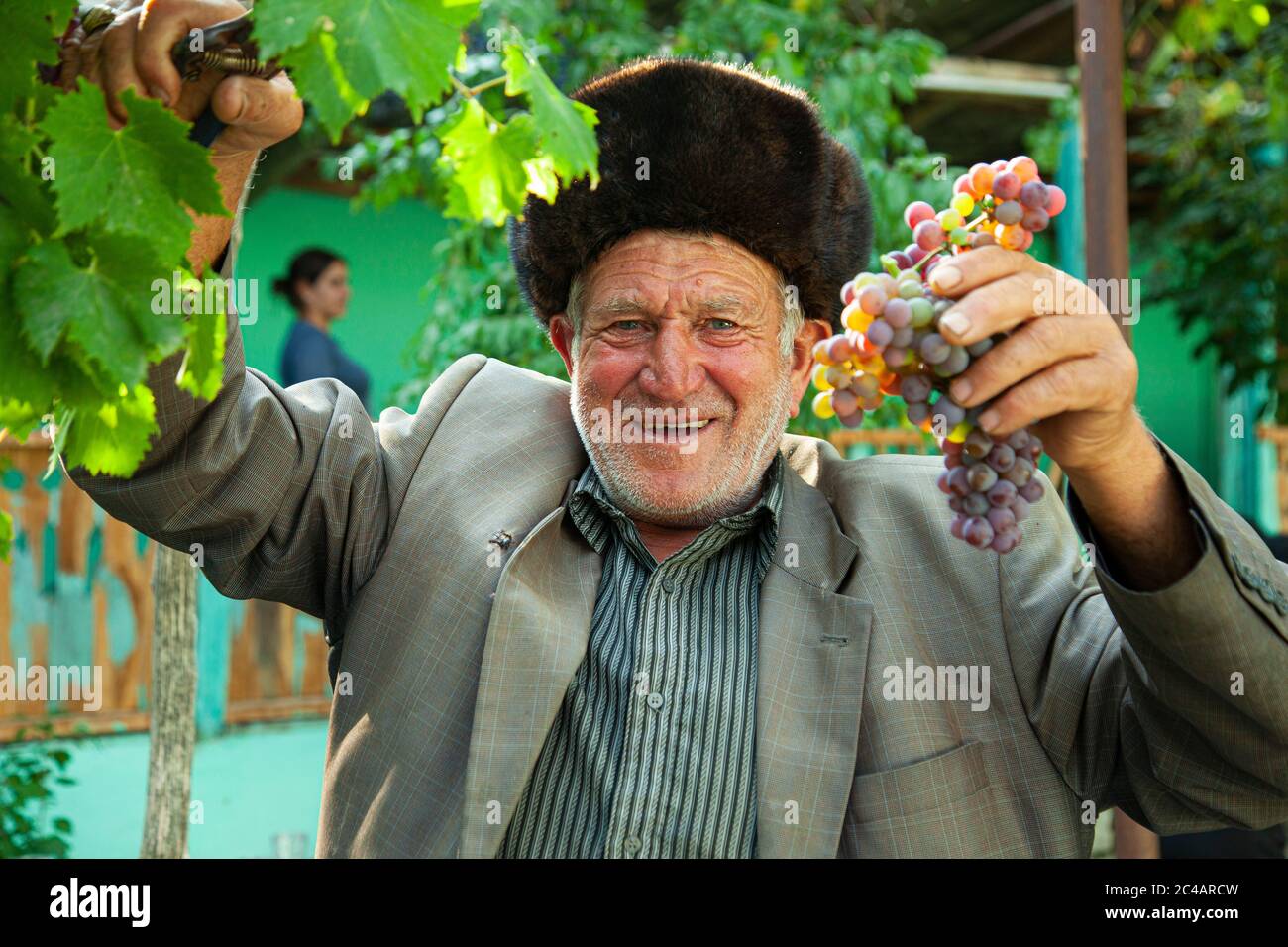 An old man holding a bunch of grapes in his own farm Stock Photo - Alamy
