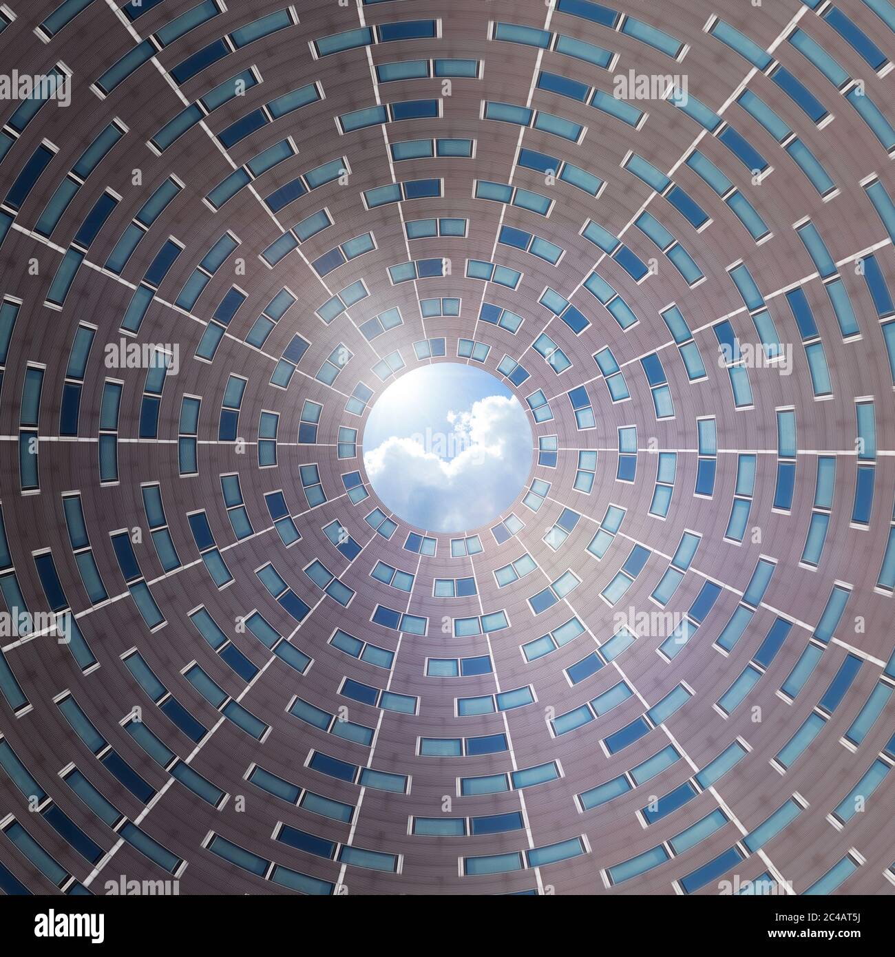 Composition, round courtyard of a skyscraper with blue windows Stock ...