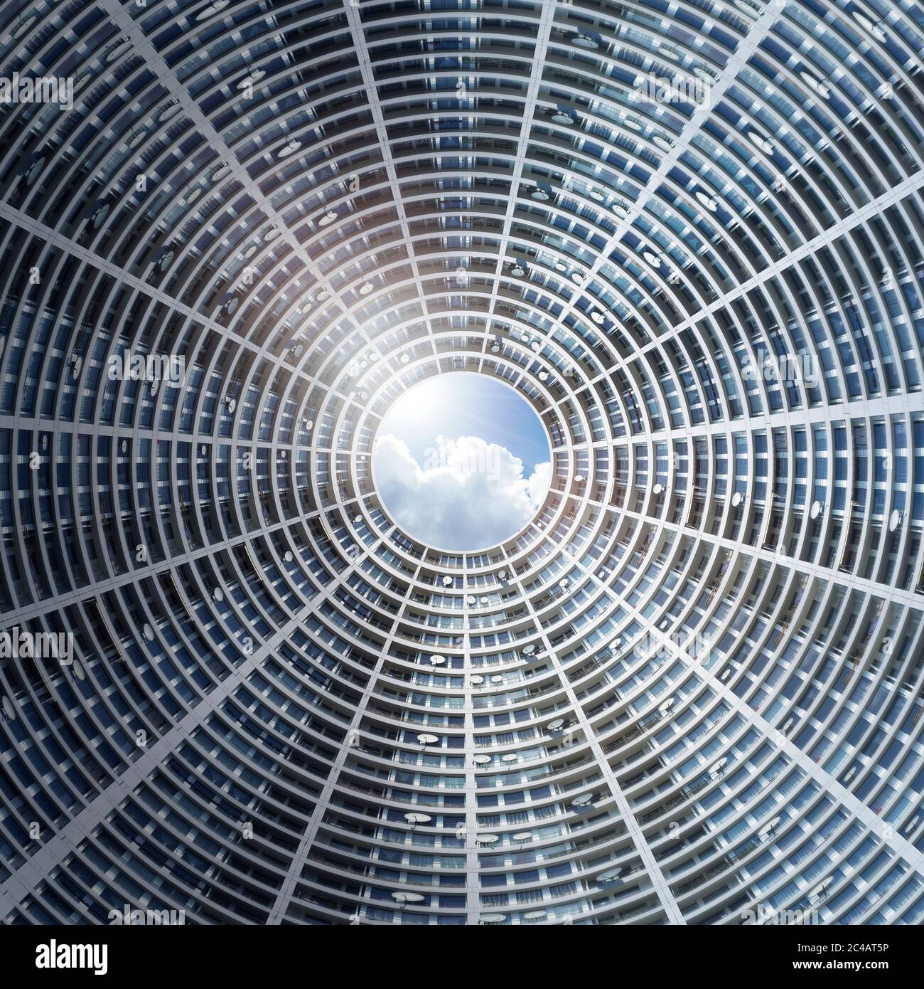 Composition, courtyard of a skyscraper with satellite dishes Stock ...