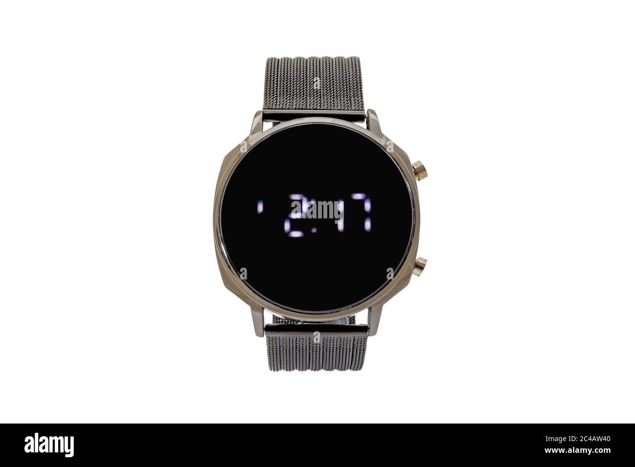 Round smartwatch with black mesh style strap, black dial face and ...