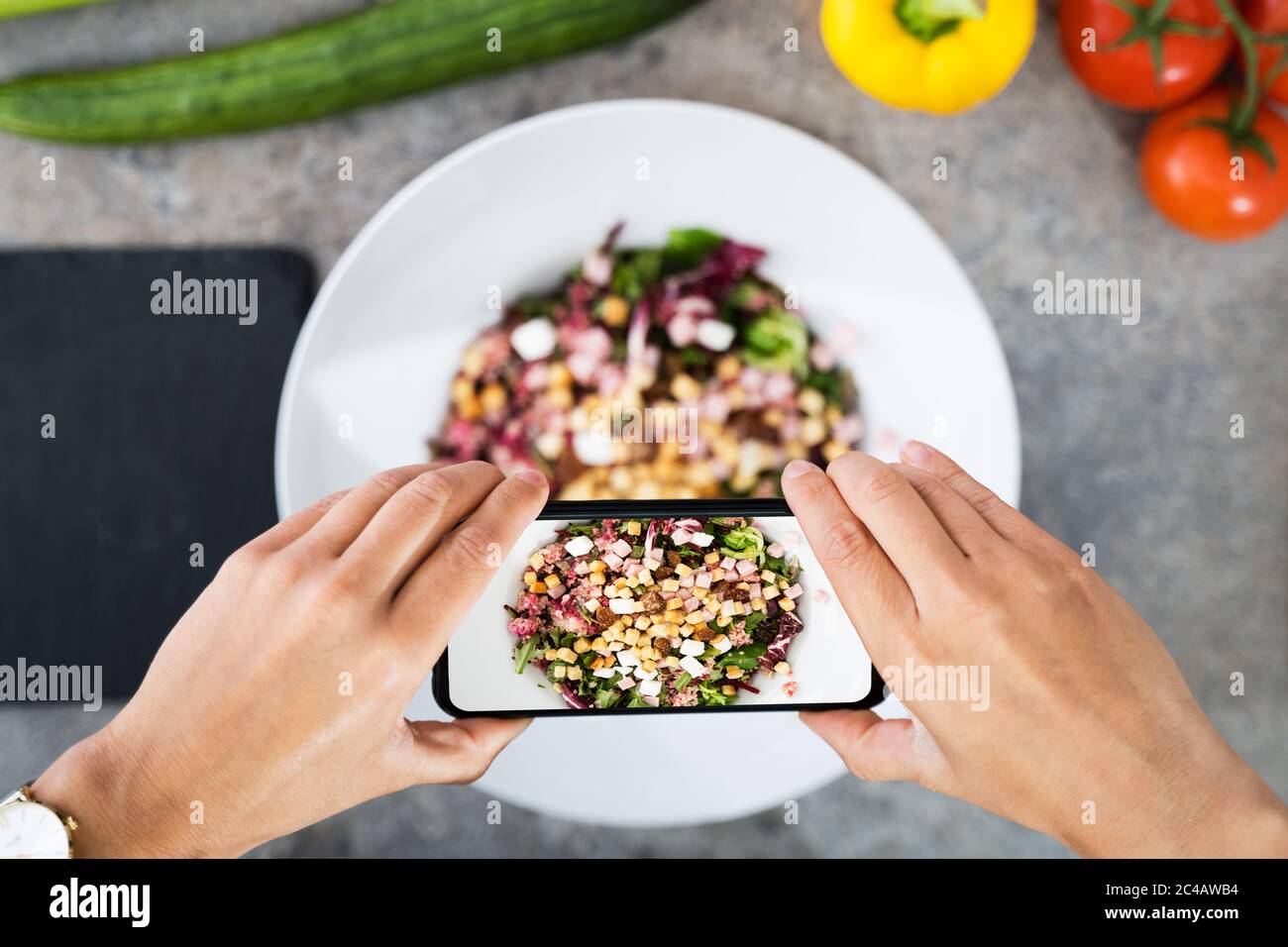 Close-up Of Woman Taking Picture Of Food With Mobile Phone Stock Photo ...