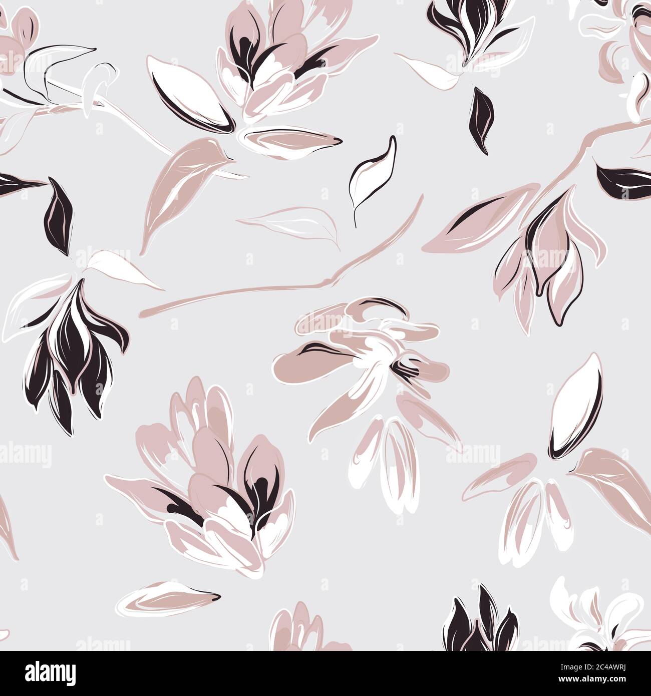 Seamless pastel grey vector Floral Pattern with foliage jungle elements ...