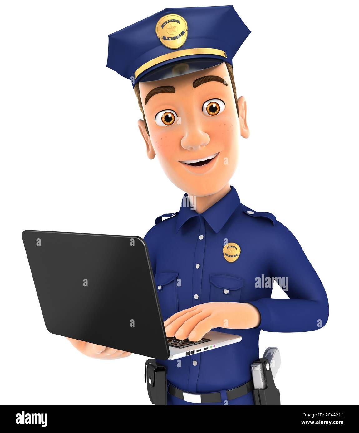 3d policeman standing and holding laptop, illustration with isolated ...