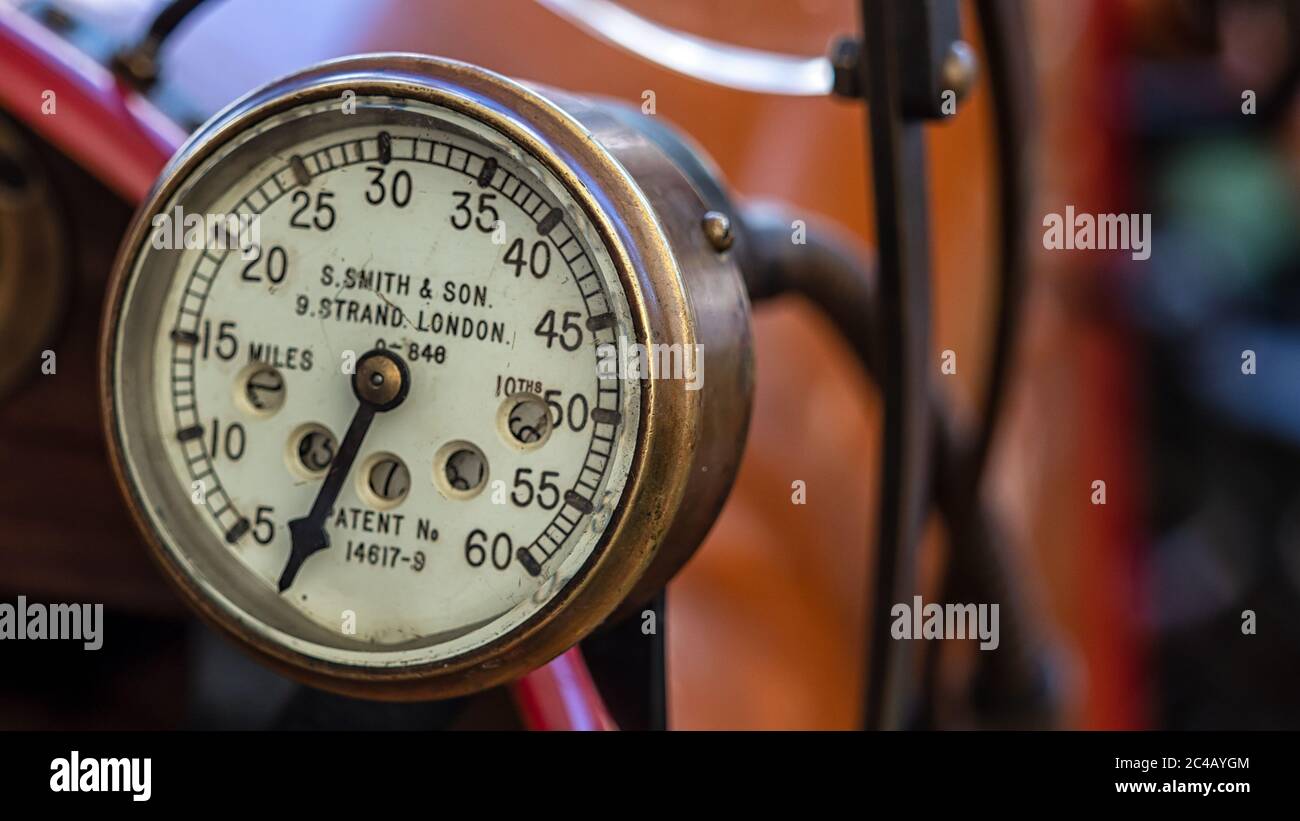 SUSSEX, UK - SEPTEMBER 14, 2019: Old brass Speedometer made by S Smith ...