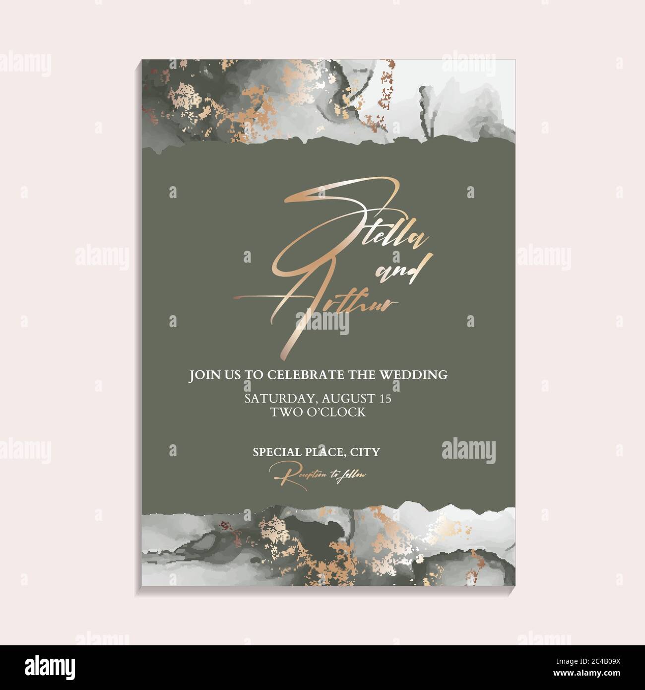 Wedding green invitation cards with Luxury gold and rustic marble ...