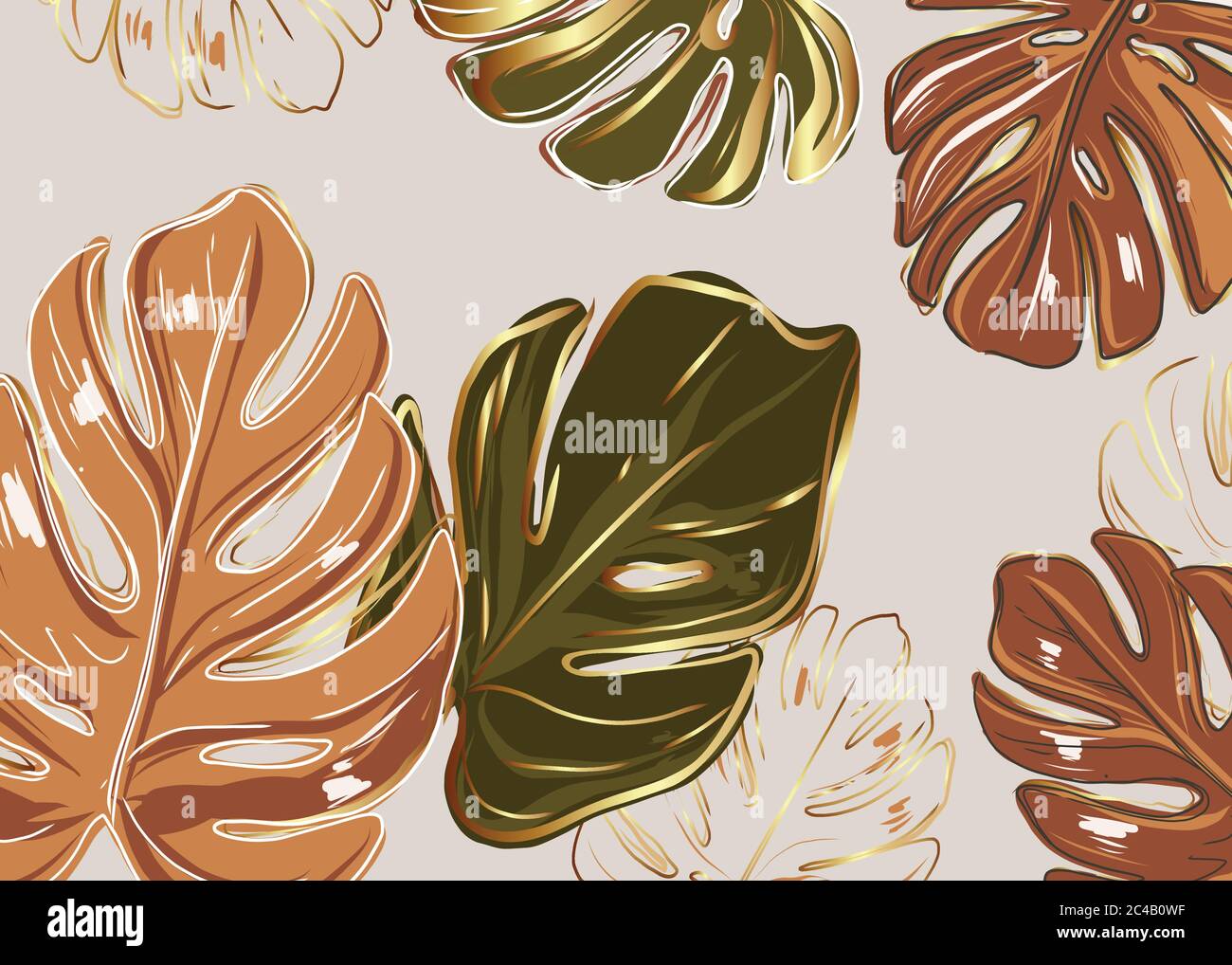 Monstera hand-drawn palm leaves, minimal green rust with leaves and ...