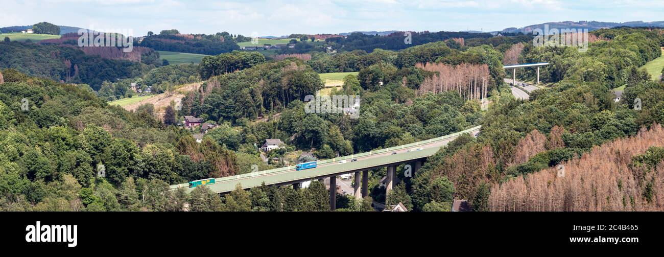 Overath, NRW, Germany, 06 19 2020, German highway bridge nearby a small ...