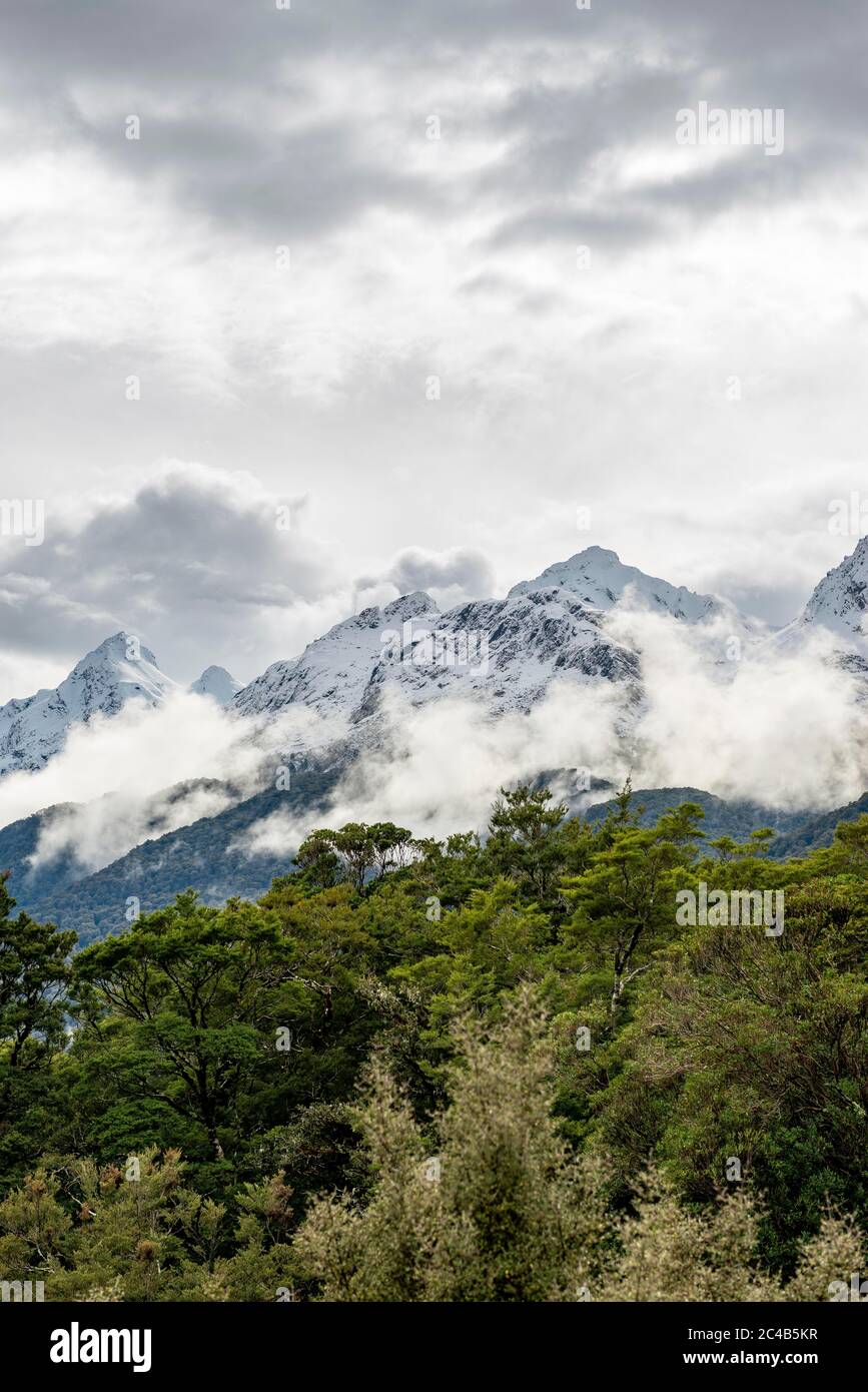 View of snow-capped mountains, Pop's View Lookout, Fiordland National ...