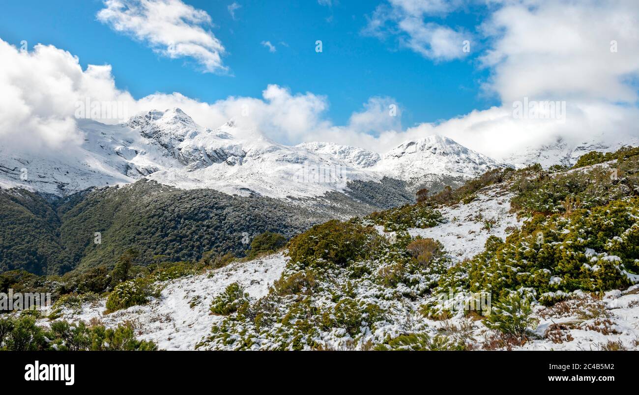 Snow covered mountains, view from Key Summit, Fiordland National Park ...