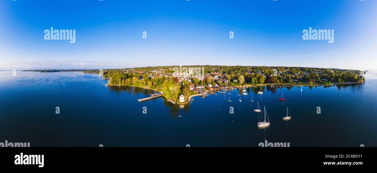 Panorama of Tutzing on Lake Starnberg with Brahms Pavilion, Fuenfseenland, aerial view, Upper ...