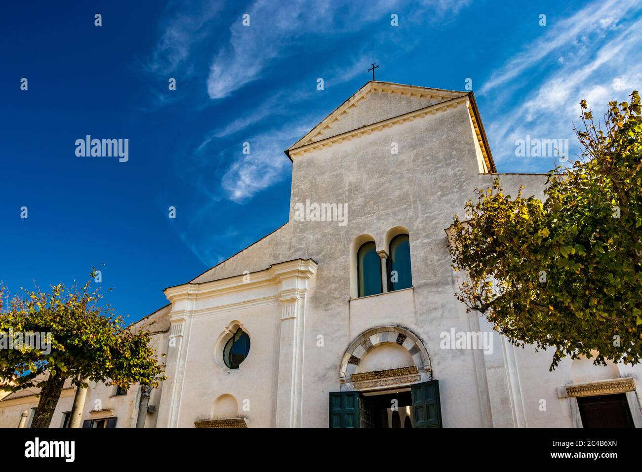 the main square of Ravello, with its ancient Duomo, in the province of ...