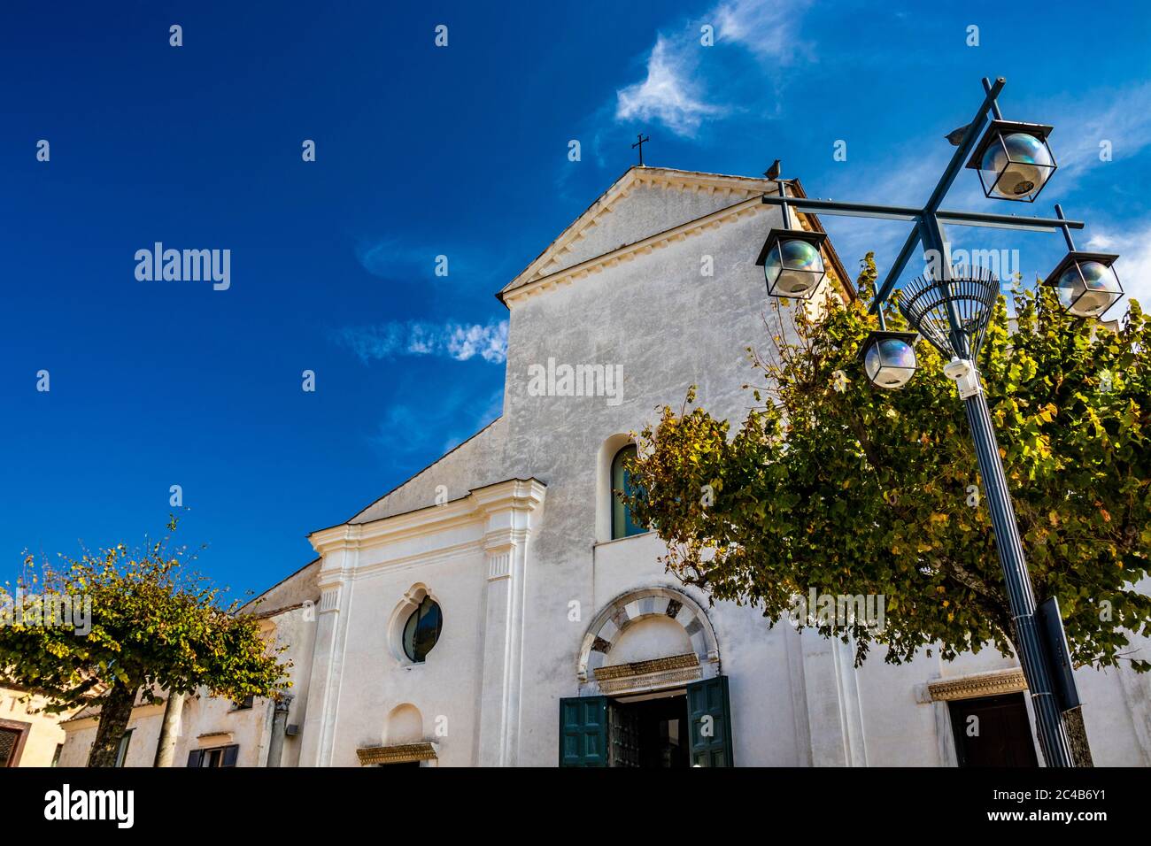 the main square of Ravello, with its ancient Duomo, in the province of ...
