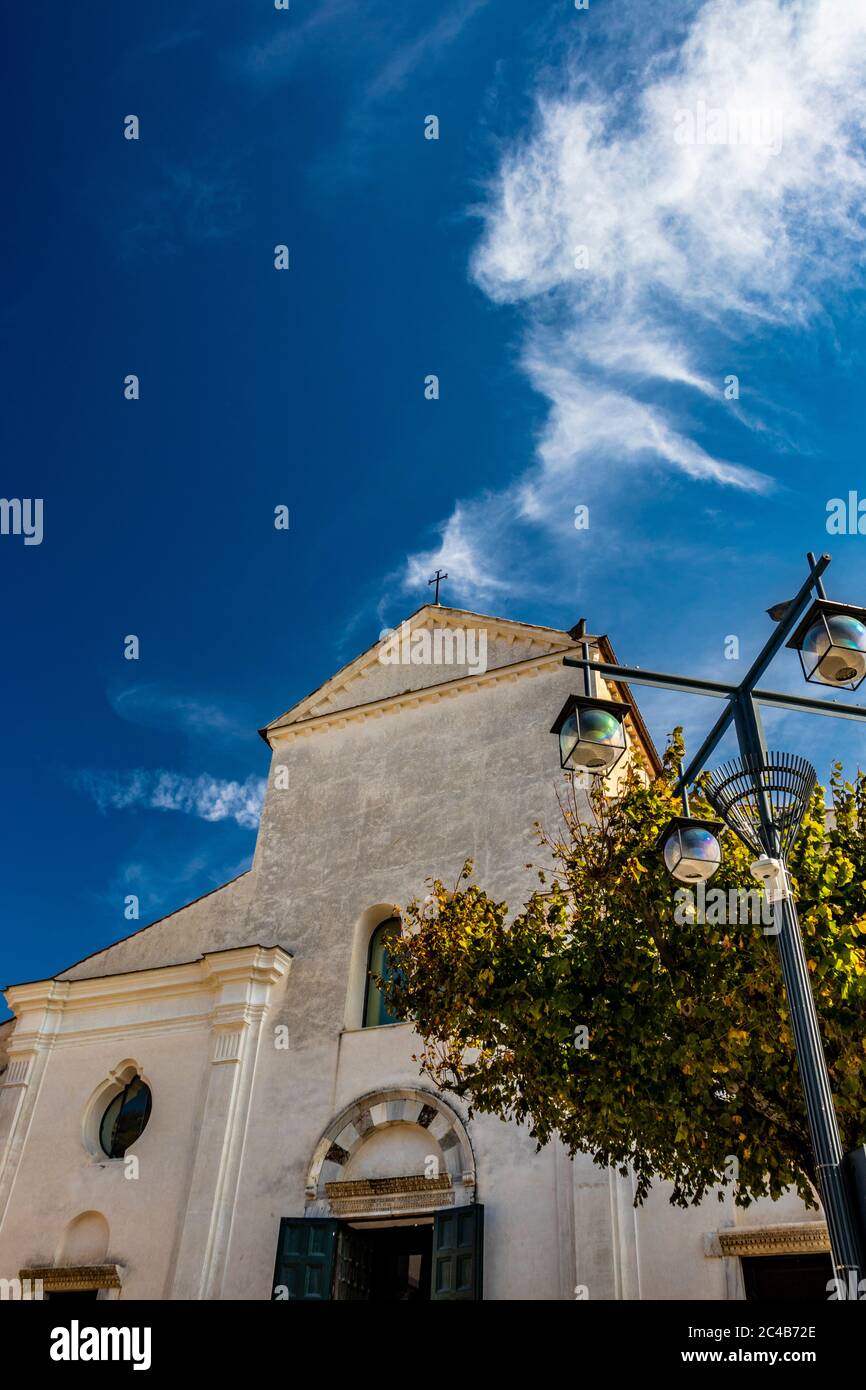 the main square of Ravello, with its ancient Duomo, in the province of ...