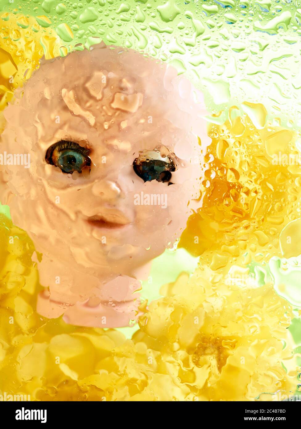 Decapitated dolls head and yellow roses drowning under water droplets ...