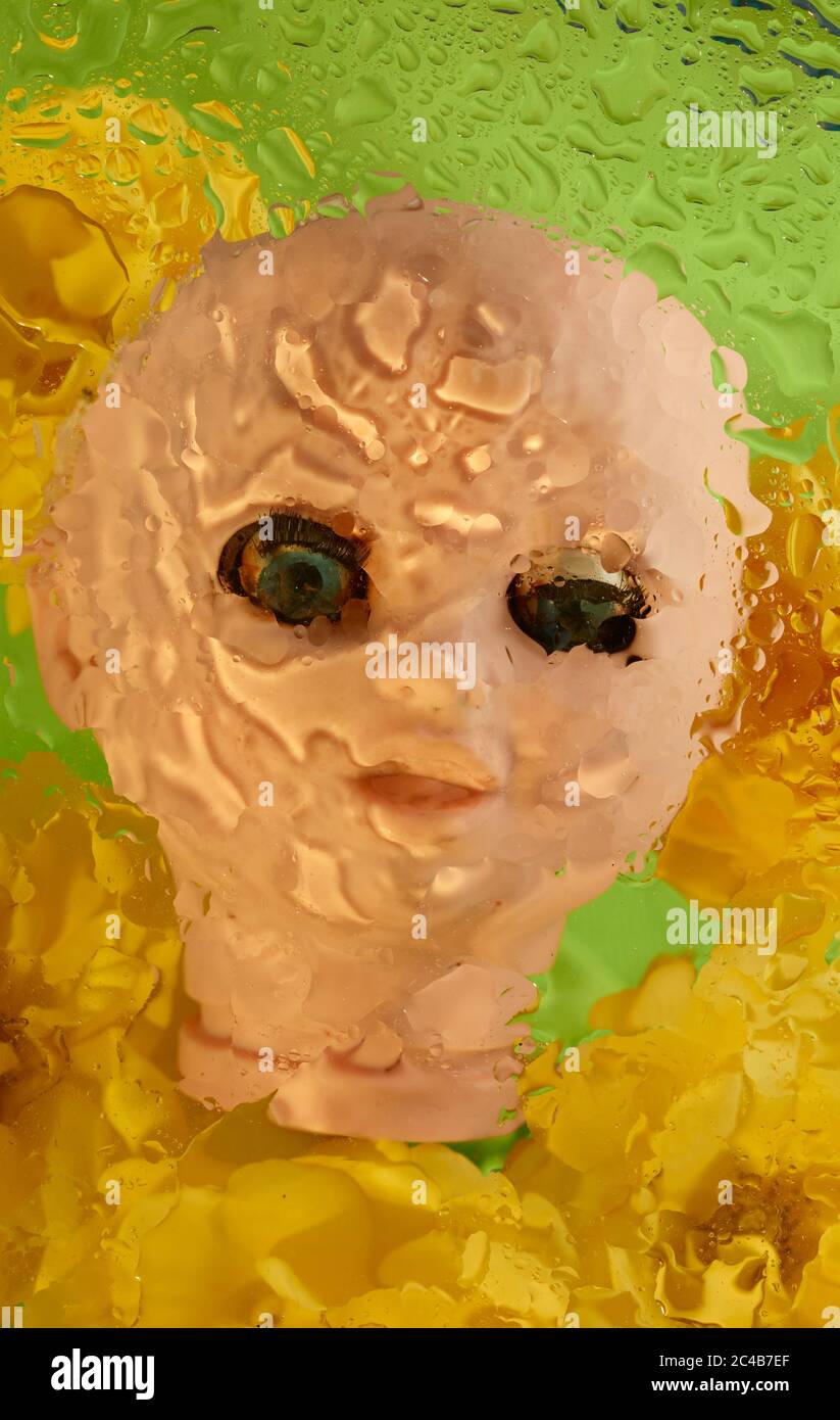 Decapitated dolls head and yellow roses drowning under water droplets ...