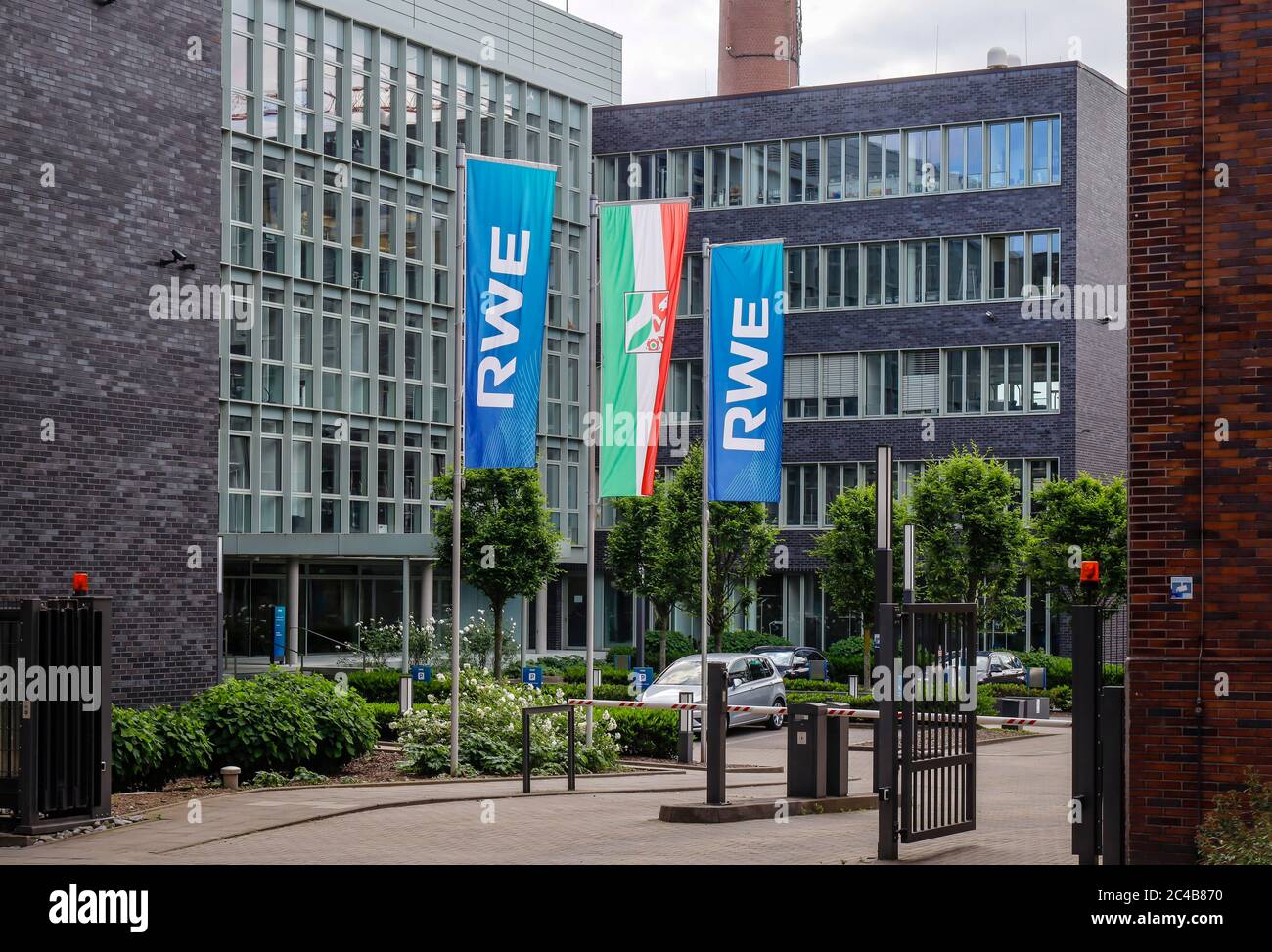 Flags in front of RWE headquarters, new campus in Altenessen, Essen ...