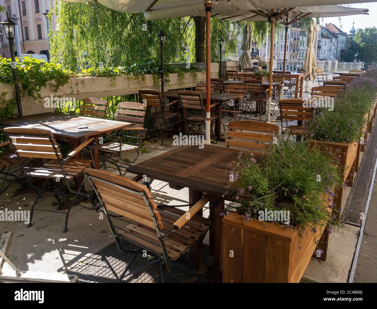 cozy outdoor cafe in the green trees on the river bank Stock Photo - Alamy