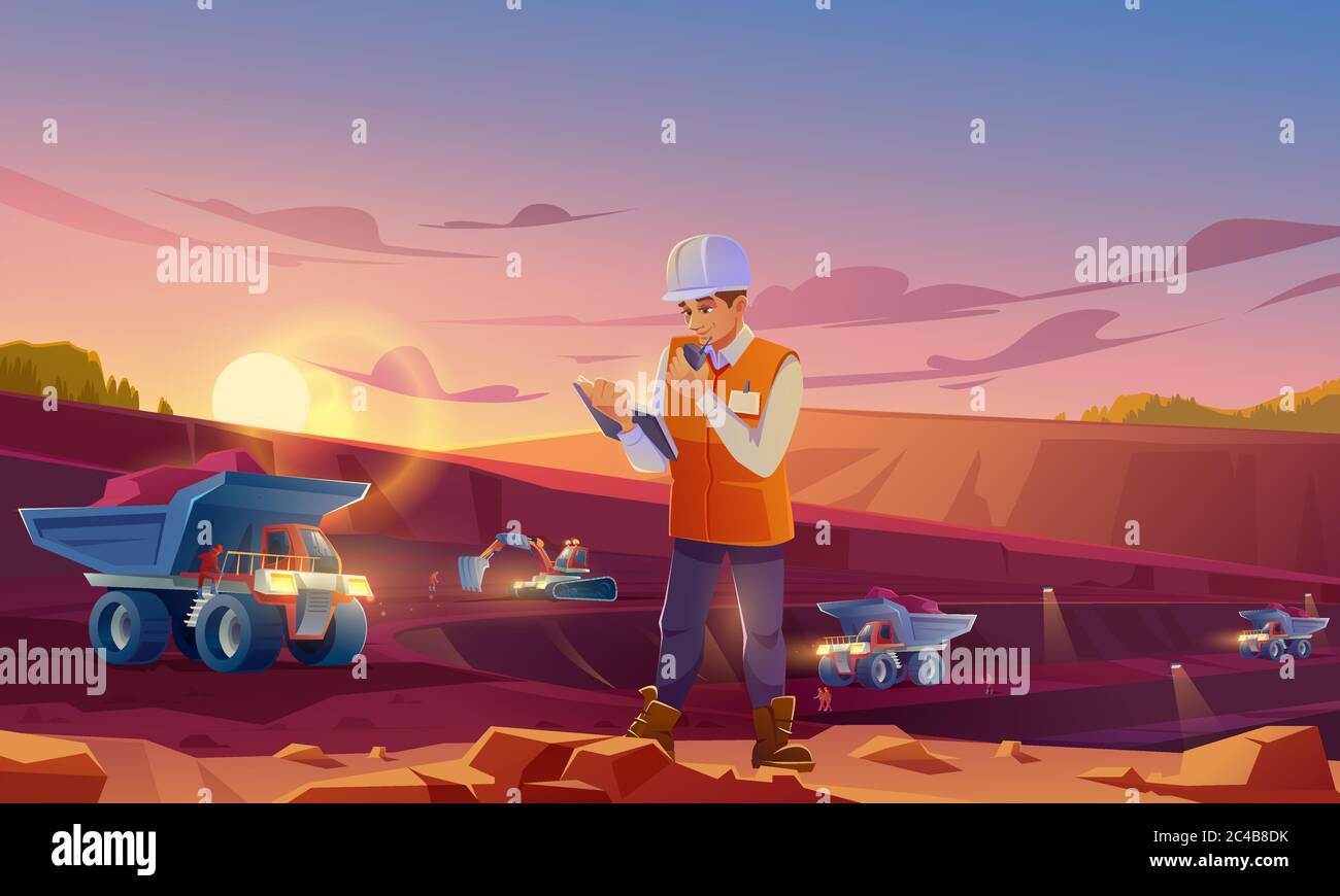 Man In Helmet Working On Mining Quarry Opencast Mine With Dumpers Excavator And Workers