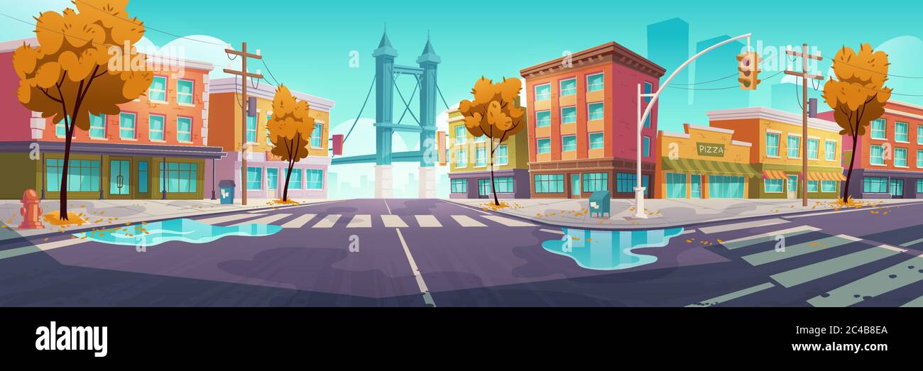 City street with crossroad in autumn, empty transport intersection with ...