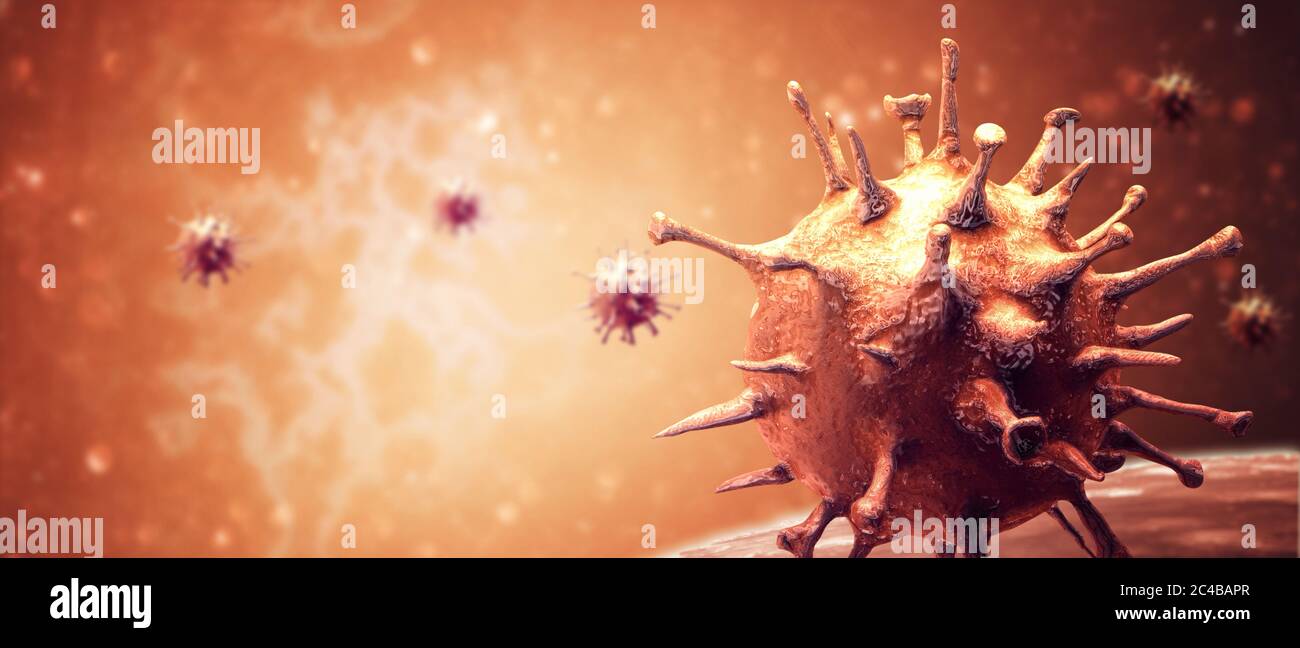 Microscopic view of influenza virus cells. 3D medical illustration ...